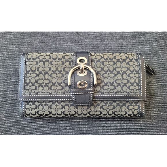 Coach | Bags | Coach Signature Logo C Black Canvas Leather Trifold Full ...